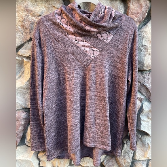 ONE WORLD | Tops | 222one World Rose Purple Raw Edge Cowl Lace Neck ...